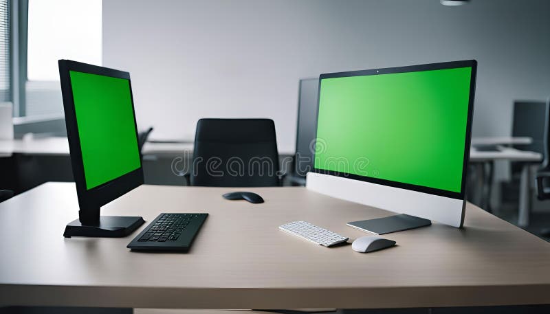 Two Computers with Green Screens on a Desk in an Office Stock Photo ...