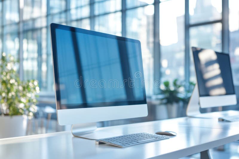 Two Computers are Positioned on a Desk within an Office Environment ...