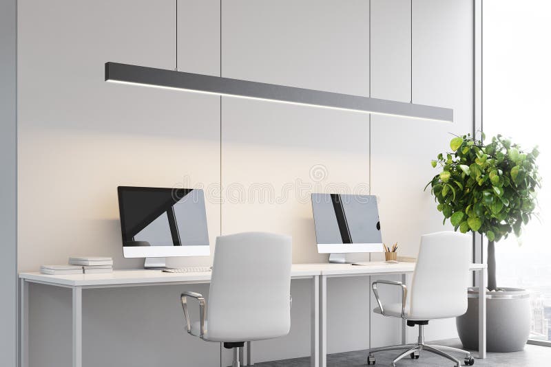 Two Computers on Tables, Office, Side Stock Illustration - Illustration ...