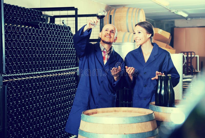 Two Concentrated Winery Workers in Aging Section of Factory Stock Photo ...