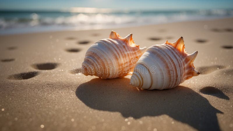 Two Conch Shells Atop Sandy Beach Featuring Gentle Waves. Stock ...