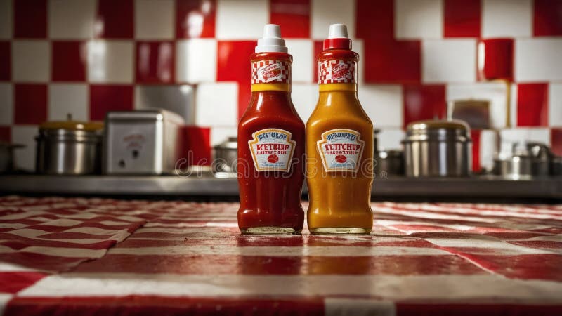 Two Condiment Bottles, Ketchup and Mustard, on a Checkered Table in a ...