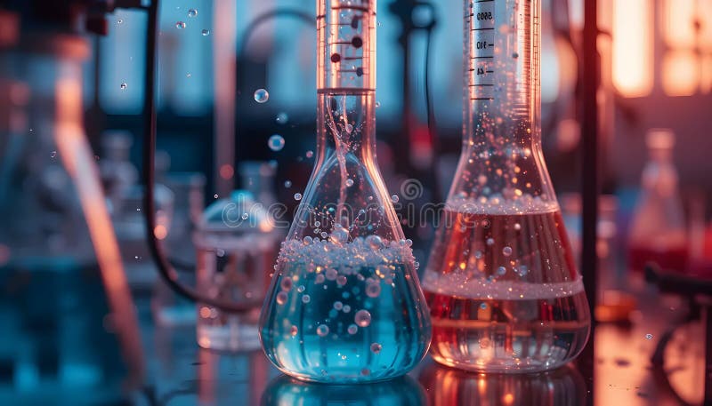 Two Conical Flasks Holding Liquids with Bubbles and Measuring Scales ...