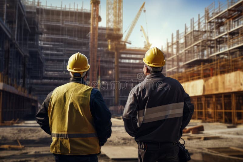Two Construction Building Men Workers Confidently Inspect Discuss ...