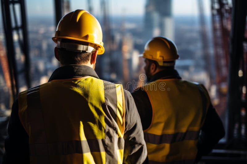 Two Construction Workers Admiring the City Skyline from a Rooftop Stock ...