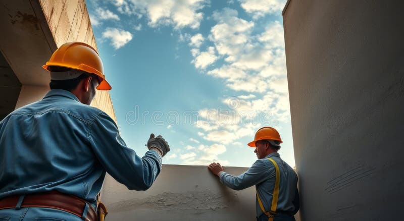 Two Construction Workers Apply Plaster To a Building Wall Safety ...