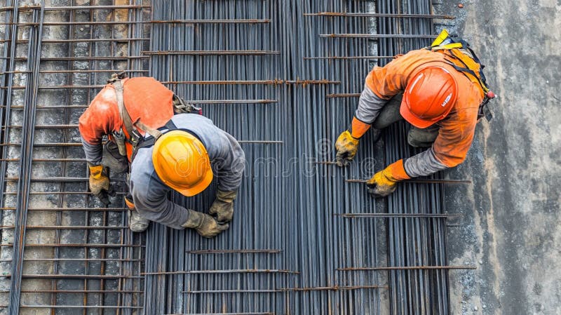 Two Construction Workers Bending Steel Rebar for a Concrete Foundation ...