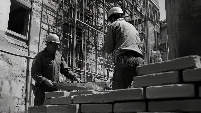 Construction Workers Building a Brick Wall Stock Image - Image of ...