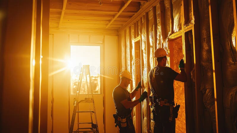 Two Construction Workers Building a House Frame with a Bright Sunset ...