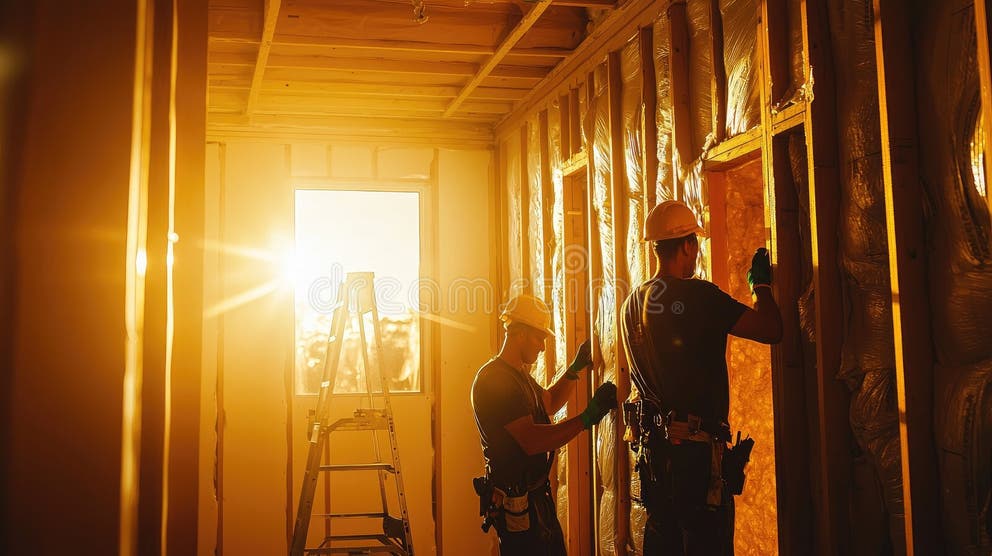 Two Construction Workers Building a House Frame with a Bright Sunset ...