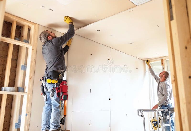 Workers Installing Drywall in a New Home Construction Site during a ...