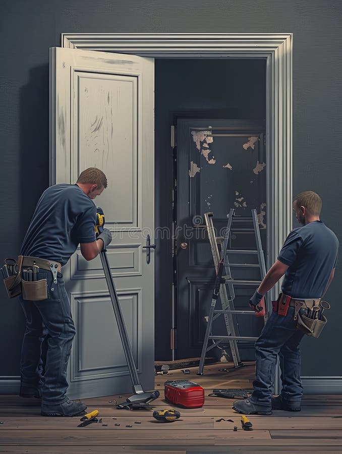 Two Construction Workers are Carefully Installing a New Door in a Home ...