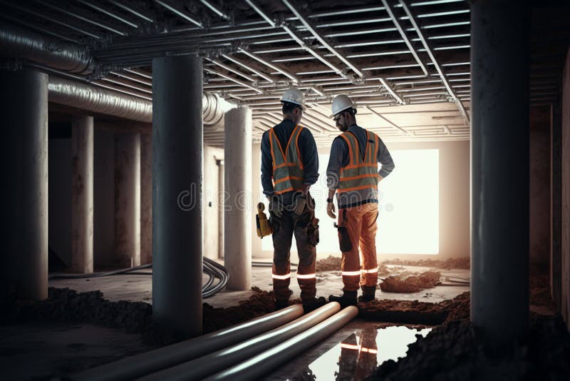 Two Construction Workers Checking Concealed Pipe Fittings of Floor at a ...