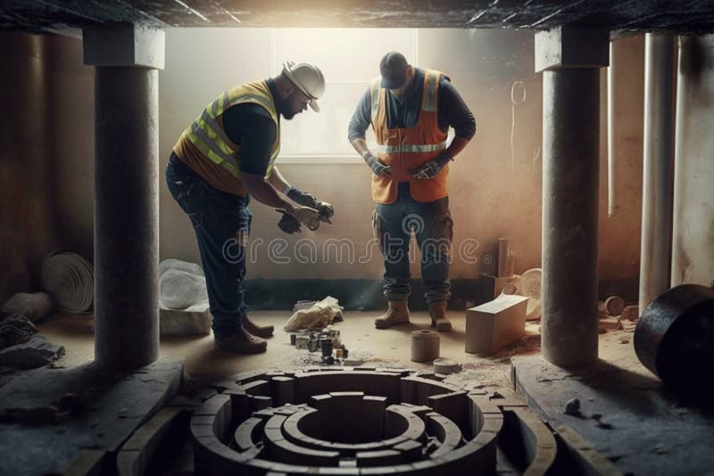 Two Construction Workers Checking Concealed Pipe Fittings of Floor at a ...