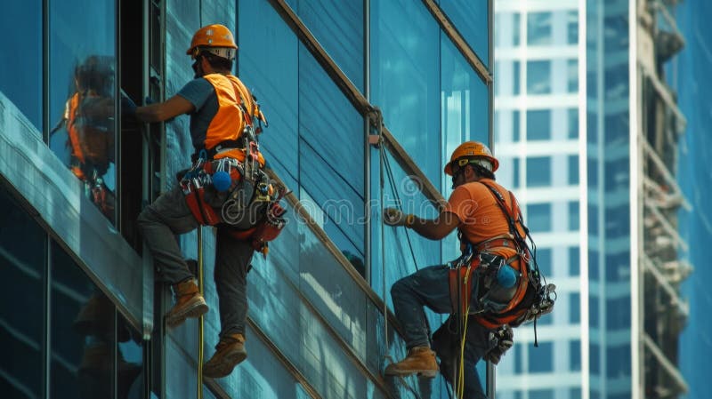 Two Construction Workers Cleaning Windows on a Tall Building Stock ...