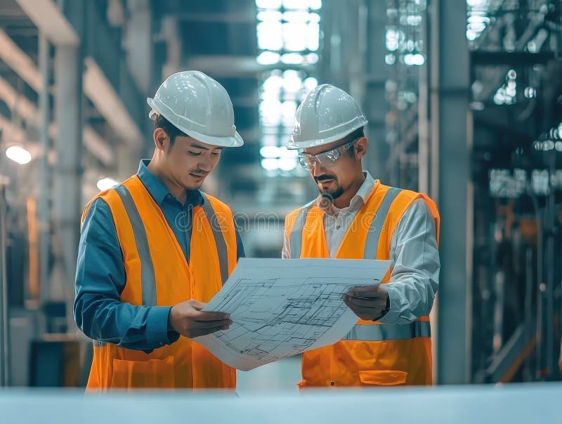 Two Construction Workers Collaborating on Blueprint Review in ...