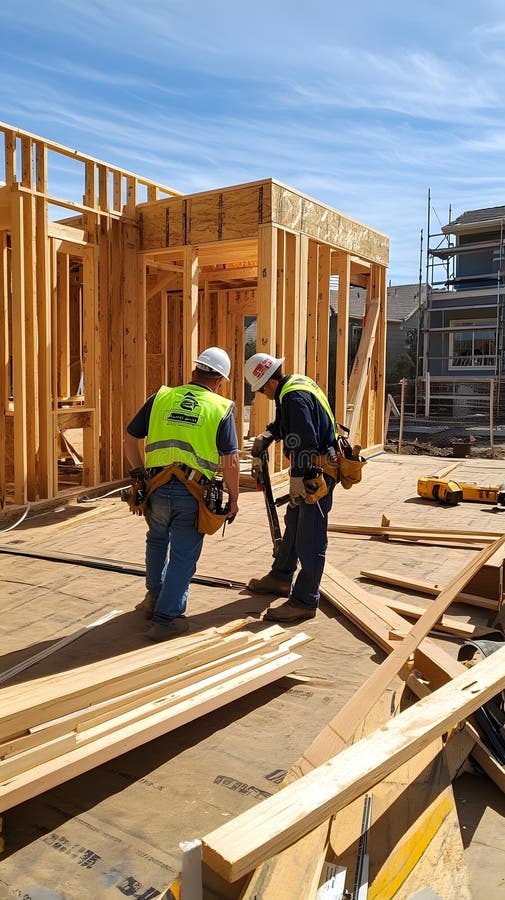 Two Construction Workers Collaborating on a Building Site, Inspecting ...