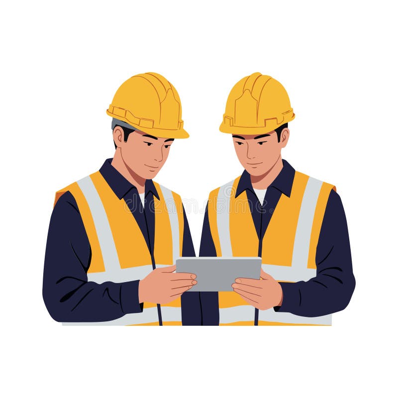 Two Construction Workers Collaborating with a Tablet in a Flat Vector ...