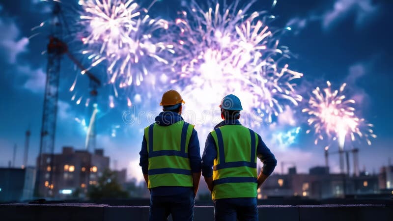 Two Construction Workers on a Construction Site Watching Fireworks at ...