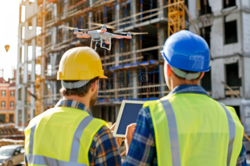 Construction Workers Using a Drone on a Building Site. Two Men with ...