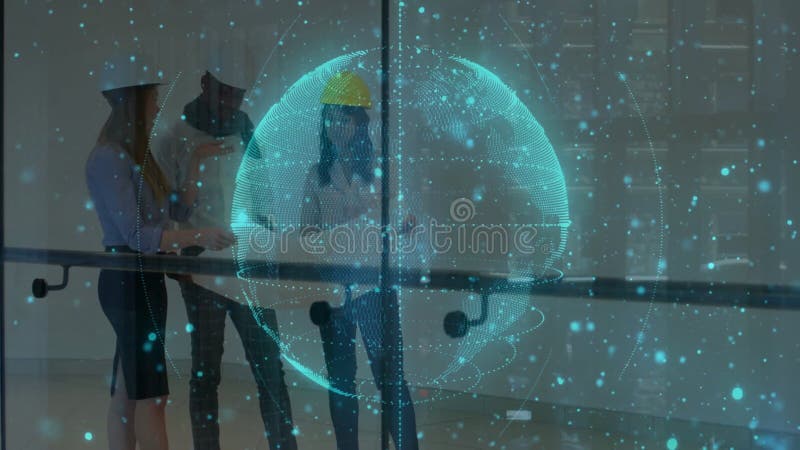 Two Construction Workers Discussing Plans with Digital Globe Animation ...
