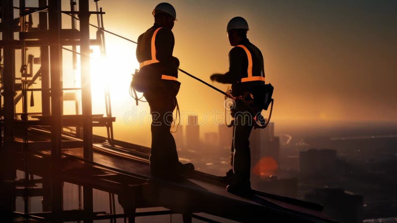Two Construction Workers Discussing on a Skyscraper at Sunset Stock ...