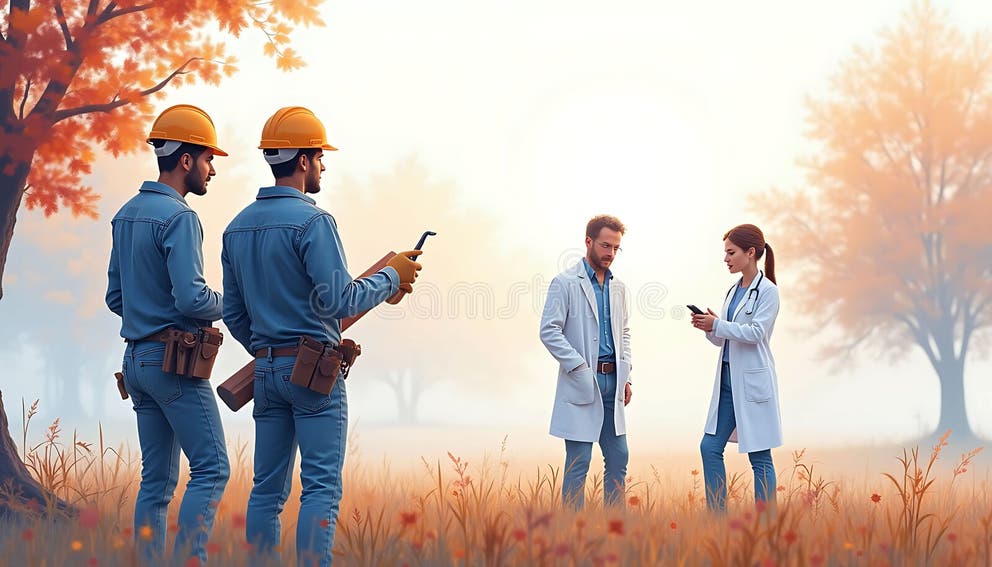 Two Construction Workers and Two Doctors in a Field with Trees and Fog ...