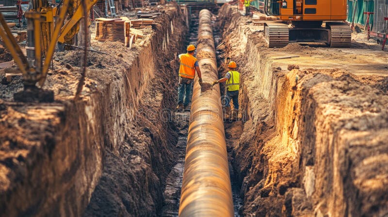 Two Construction Workers Examining a Large Pipe in a Trench Stock ...