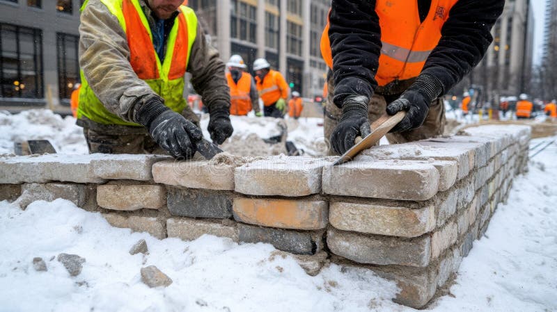 Two Construction Workers Expertly Lay Red Bricks on a Side Wall ...