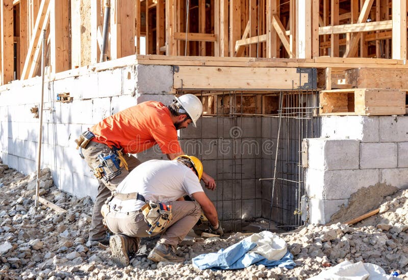 Construction Workers Preparing Foundation with Concrete Forms at a ...