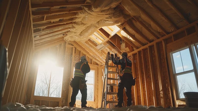 Two Construction Workers in the Framing Stage of a Home One Standing on ...