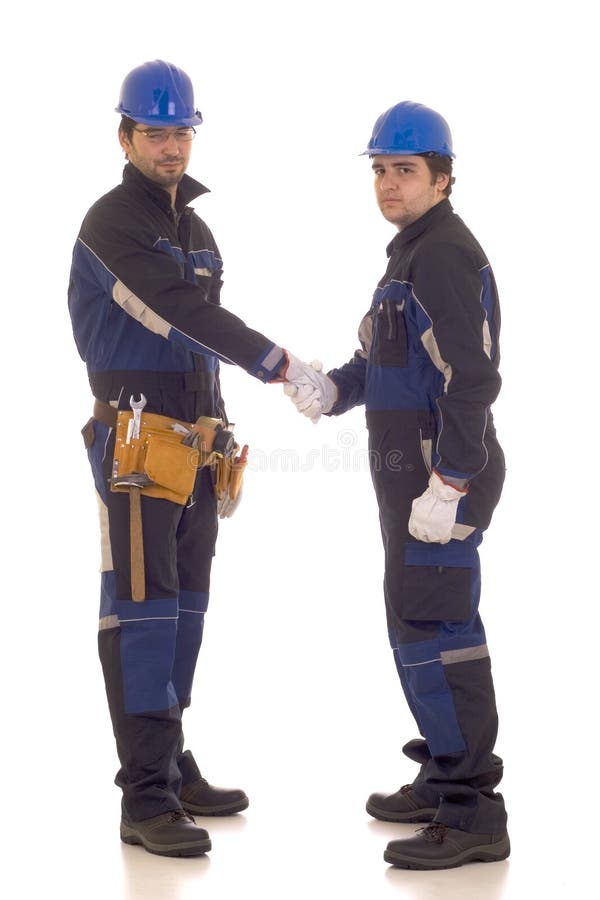 Two Construction Workers Handshake. Stock Image - Image of blueprint ...