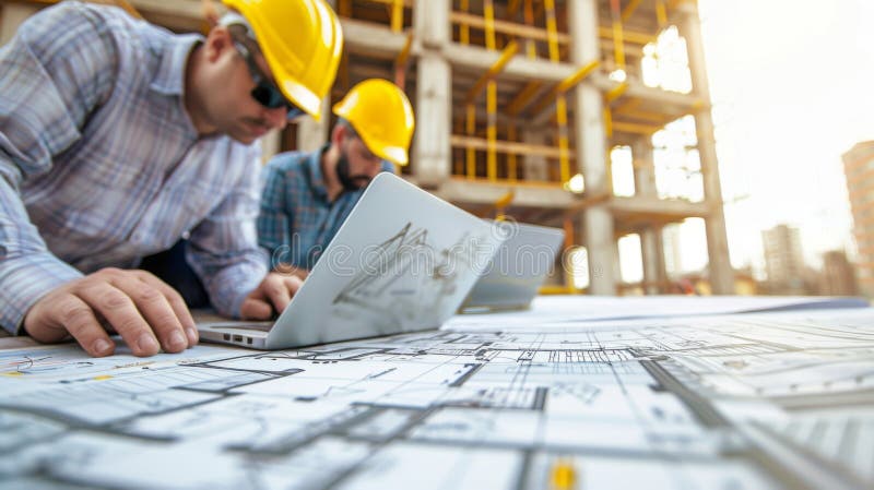 Two Construction Workers with Hard Hats are Discussing Over Blueprints ...