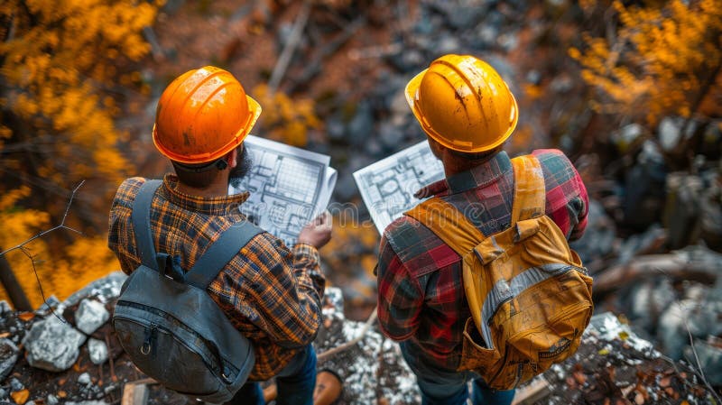 Two Construction Workers in Hard Hats Examine Blueprints in a Forest ...