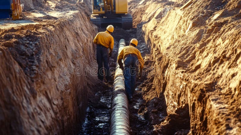 Two Construction Workers Inspecting a Large Pipe in a Trench Stock ...