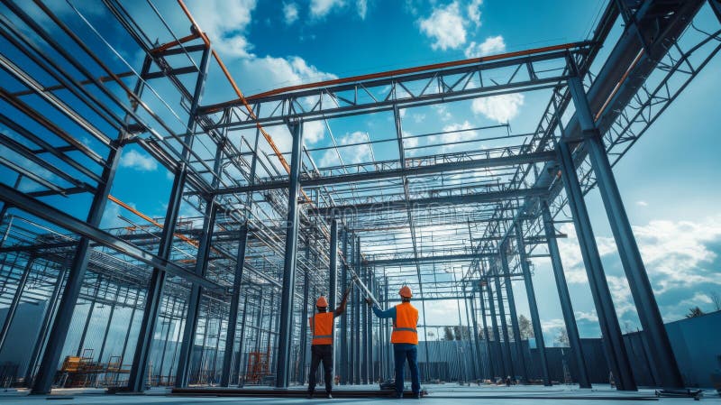 Two Construction Workers Inspecting Steel Beams of a Building Under ...