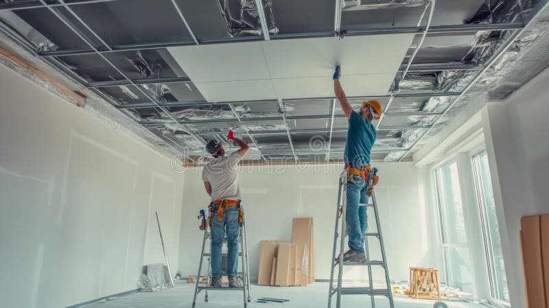 Two Construction Workers Installing Ceiling Tiles in a Room Under ...