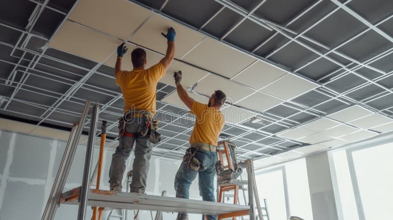 Two Construction Workers Installing Ceiling Tiles on a Scaffolding ...