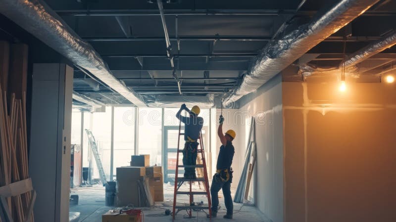 Two Construction Workers Installing Ductwork in a Room Under ...