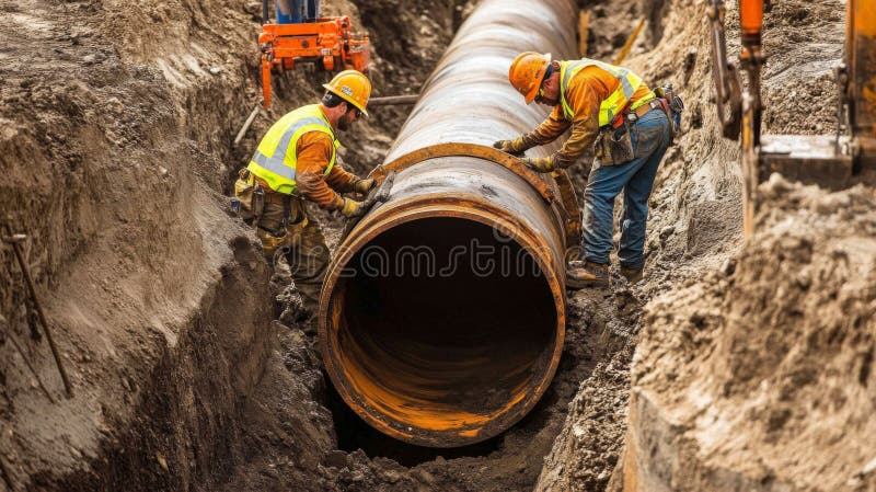 Two Construction Workers Installing a Large Pipe in a Trench Stock ...
