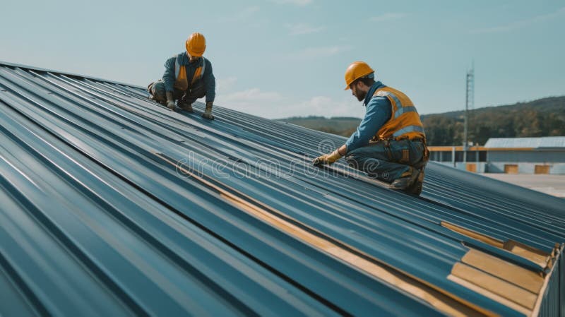 Two Construction Workers Installing Metal Roofing on a Building Stock ...
