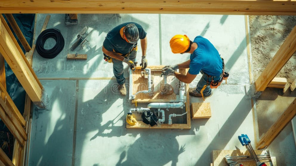 Two Construction Workers Installing Plumbing in a New Home Stock ...