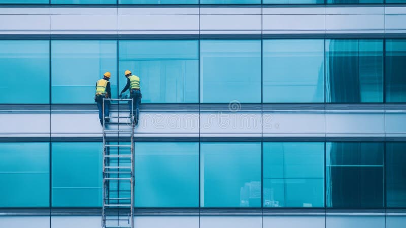Two Construction Workers on a Ladder Cleaning Windows of a Modern ...