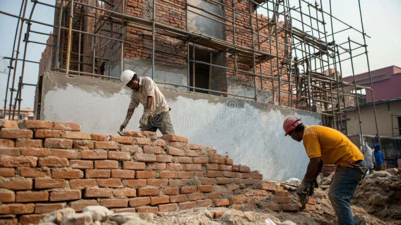 Two Construction Workers Laying Bricks on a Scaffolding Structure Stock ...
