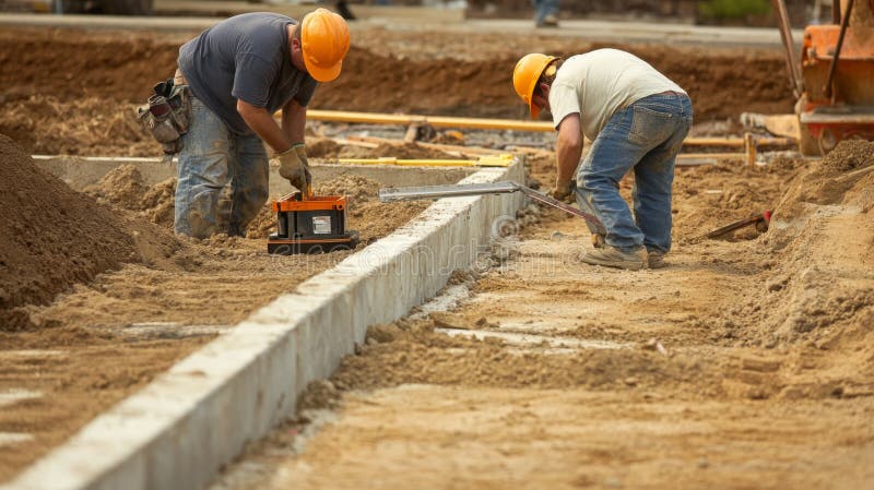 Two Construction Workers Leveling Concrete at a Construction Site Stock ...