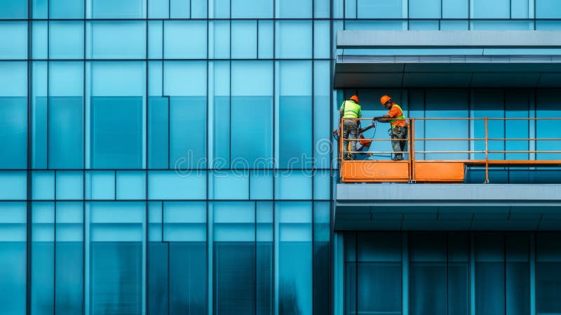 Two Construction Workers on a Lift Platform Cleaning Windows of a ...