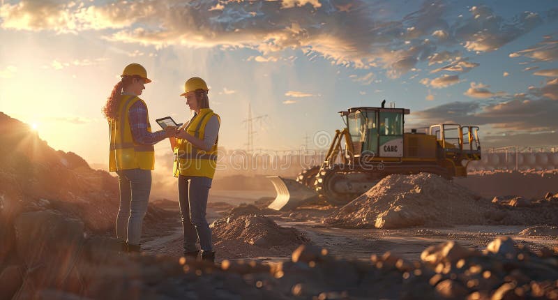 Two Construction Workers Looking at a Tablet on Site Stock Photo ...