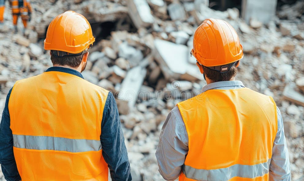 Two Construction Workers Observe a Demolition Site Wearing Safety Gear ...