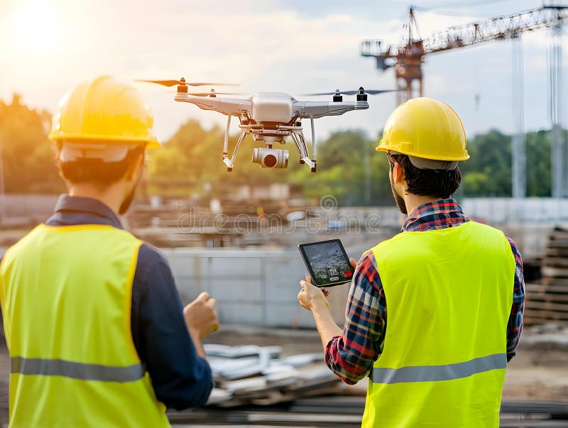 Two Construction Workers are Operating a Drone on a Construction Site ...