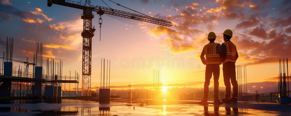 Two Construction Workers Overlooking a Building Site at Sunset ...